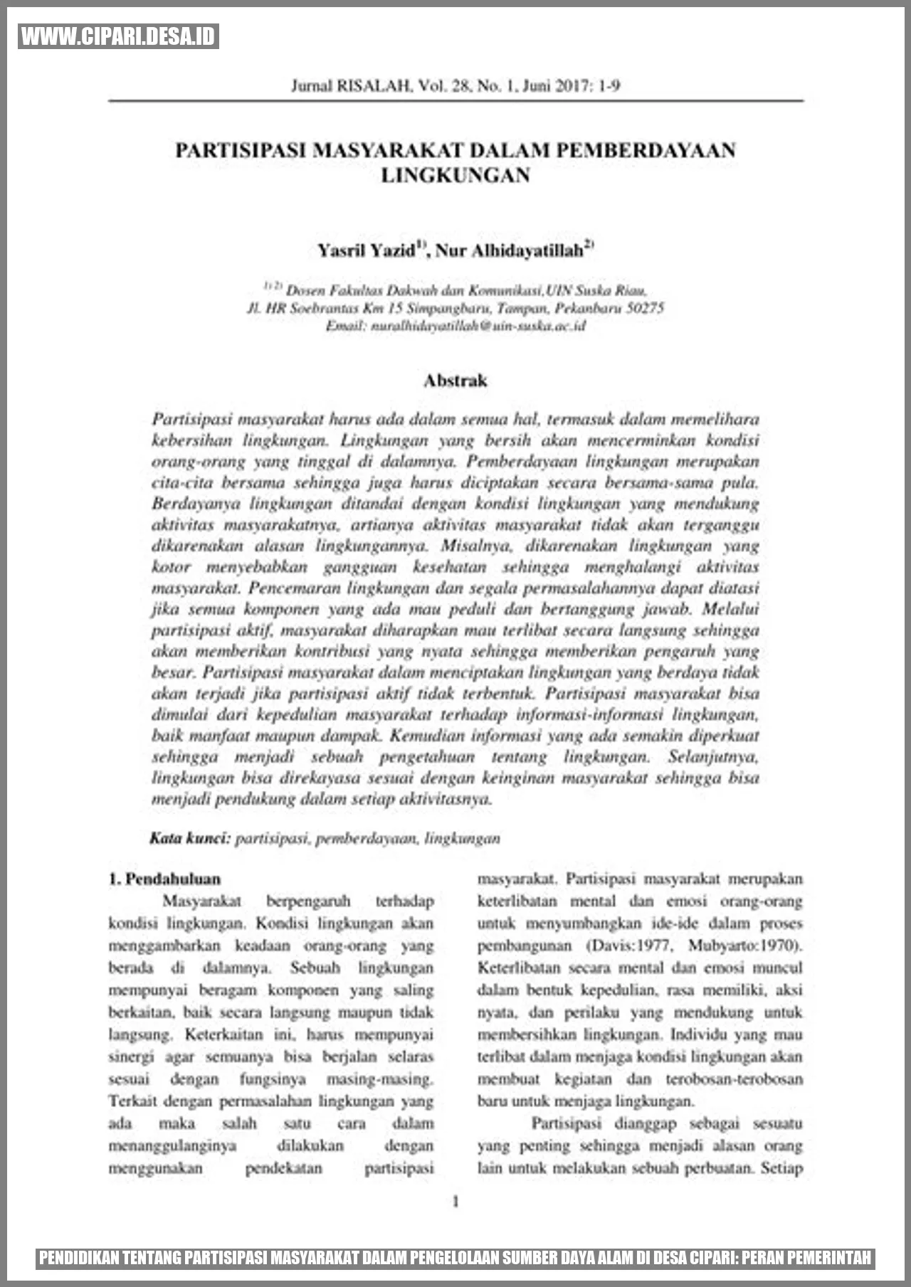 Pendidikan tentang Partisipasi Masyarakat dalam Pengelolaan Sumber Daya Alam di Desa Cipari ...